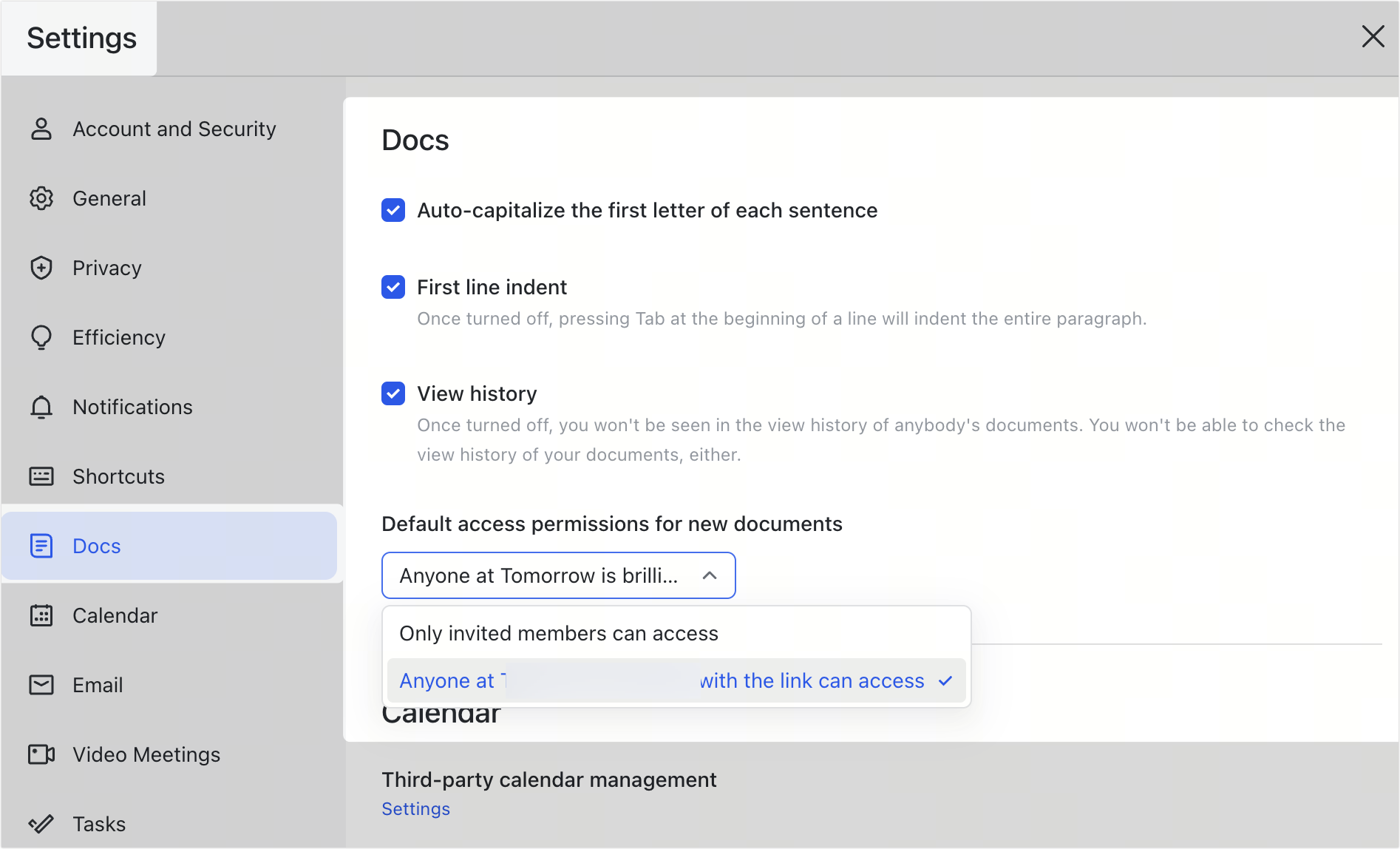 Modify preference settings in Feishu Docs