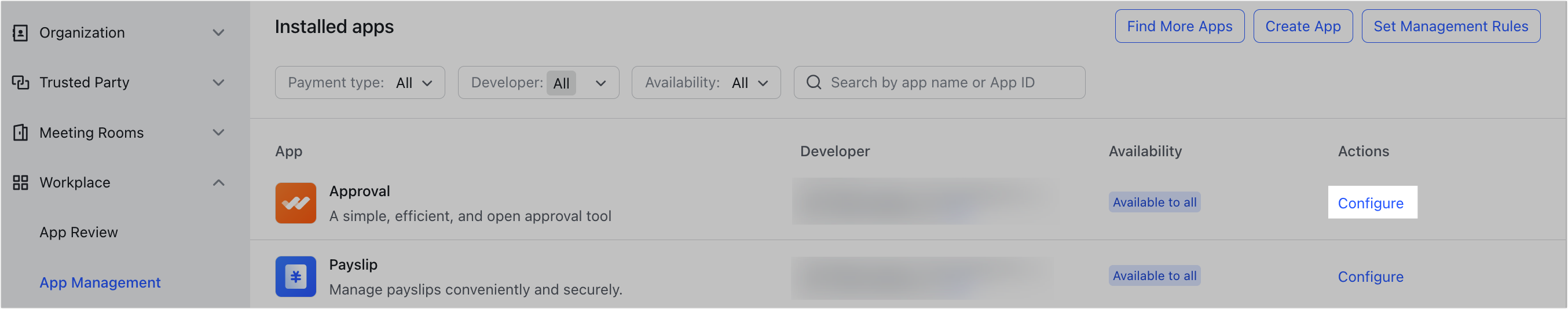 Admin | View and configure installed apps