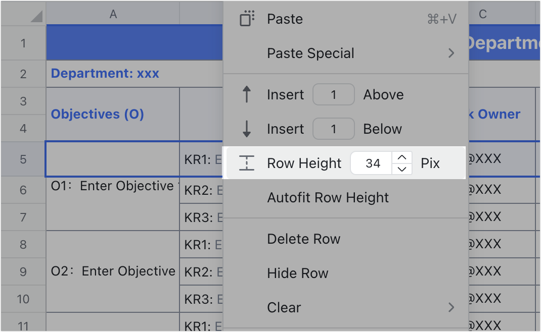Adjust row height and column width in Sheets