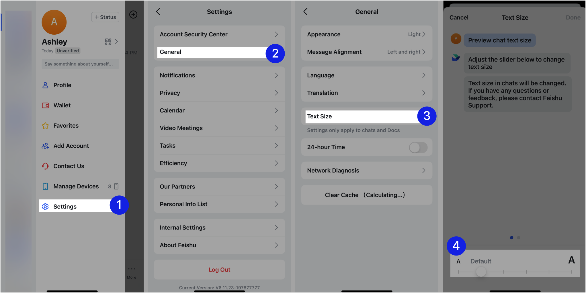 Adjust the text size in the Feishu mobile app